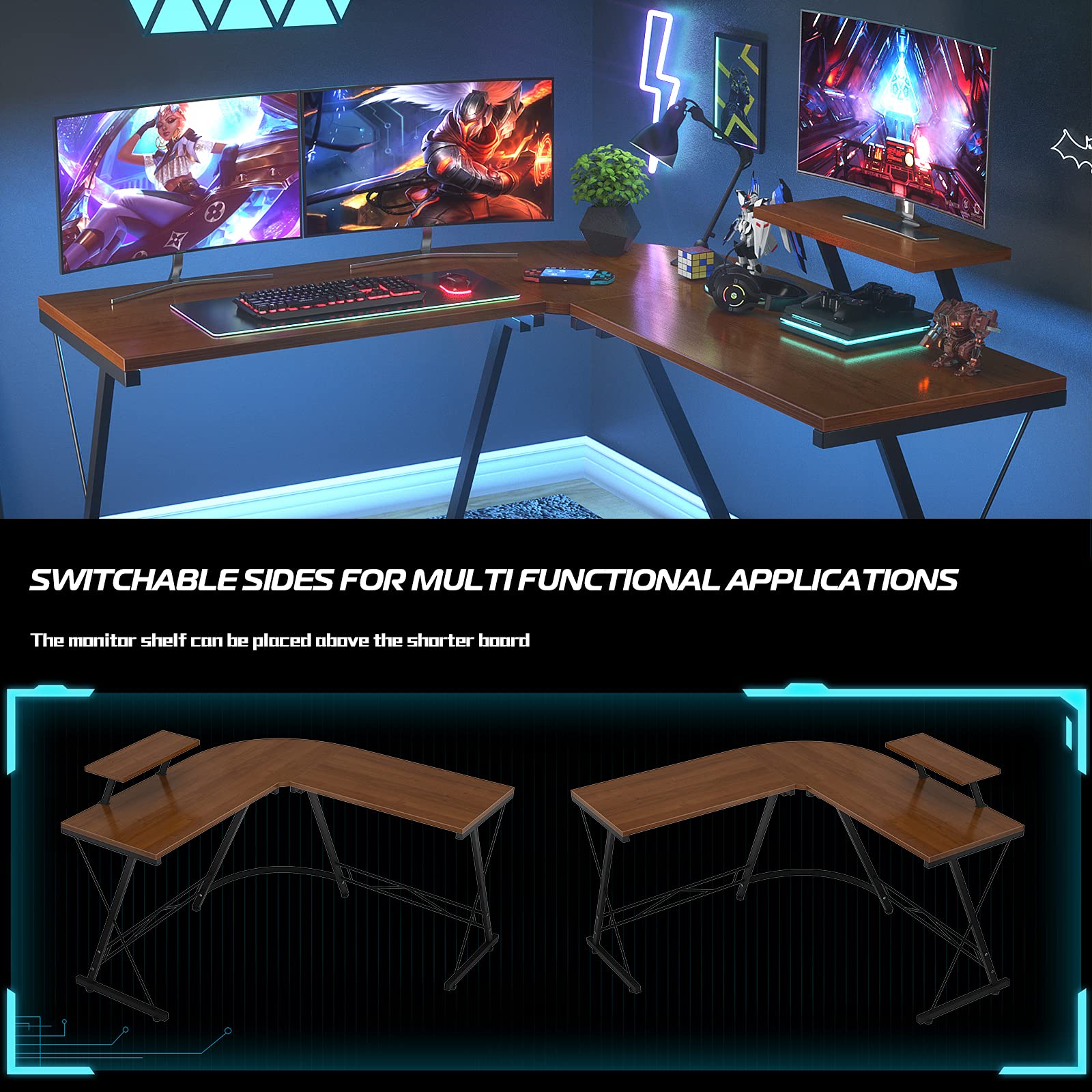 Foxemart L Shaped Gaming Desk 51'' Corner Gaming Desk Home Office Desks with Large Monitor Stand Computer Desk with Round Corner, Teak