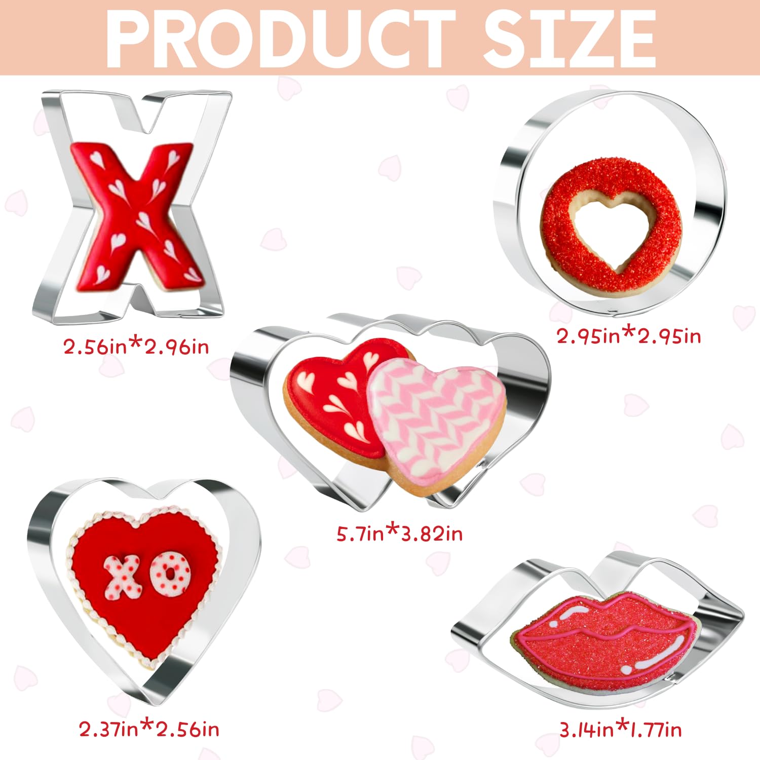 KAISHANE Valentine's Day Cookie Cutter Set-Lips, Double Heart, Heart, Letter X,Letter O-5 Pieces Wedding Valentine Day Fondant Pastry Baking Cookie Cutter Set.