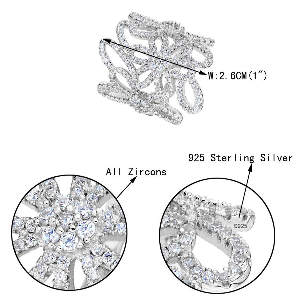 EVER FAITH Sterling Silver 925 CZ Art Deco Flower Finger Knuckle Cocktail Ring Clear - Size 7