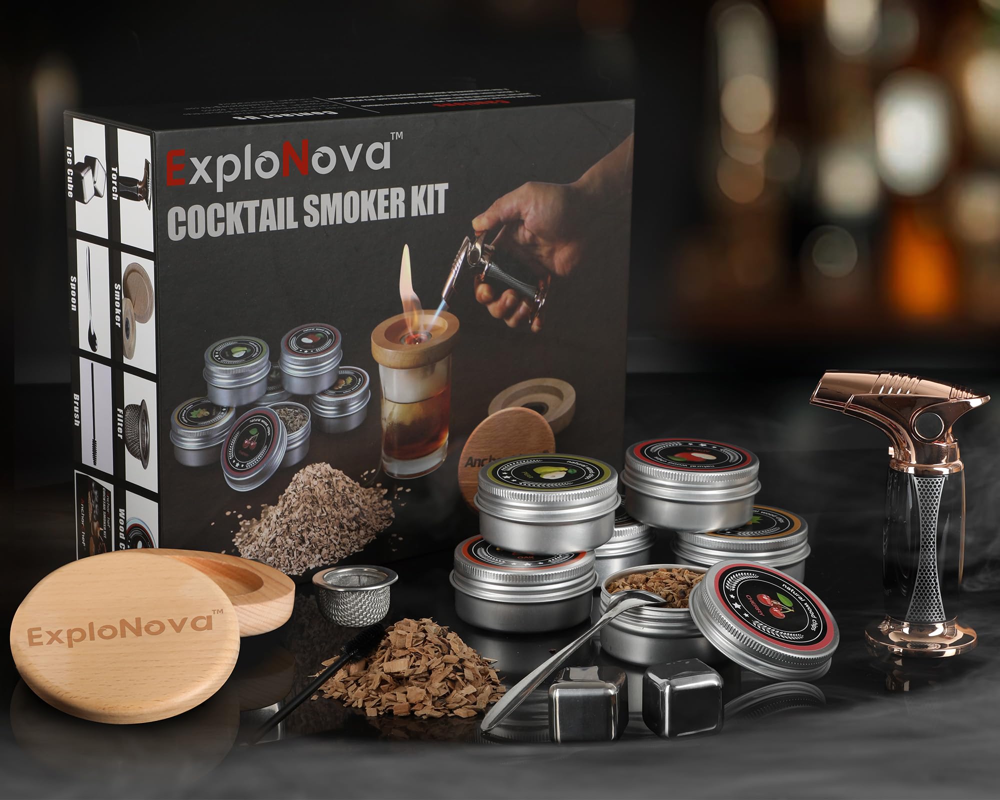 ExploNova Cocktail Smoker Kit with Torch, 6 Flavors Old Fashioned Cocktail Kit with Ice Stones, Bourbon Whiskey Gift for Husband, Father(Without Butane)