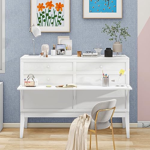 FANYE Space Saving Size Cube Built-in Charging Station and Shelf, Foldable Murphy Bed for Multipurpose Guest Room or Home Office, No Box Spring Required Easy Assembly, White Queen