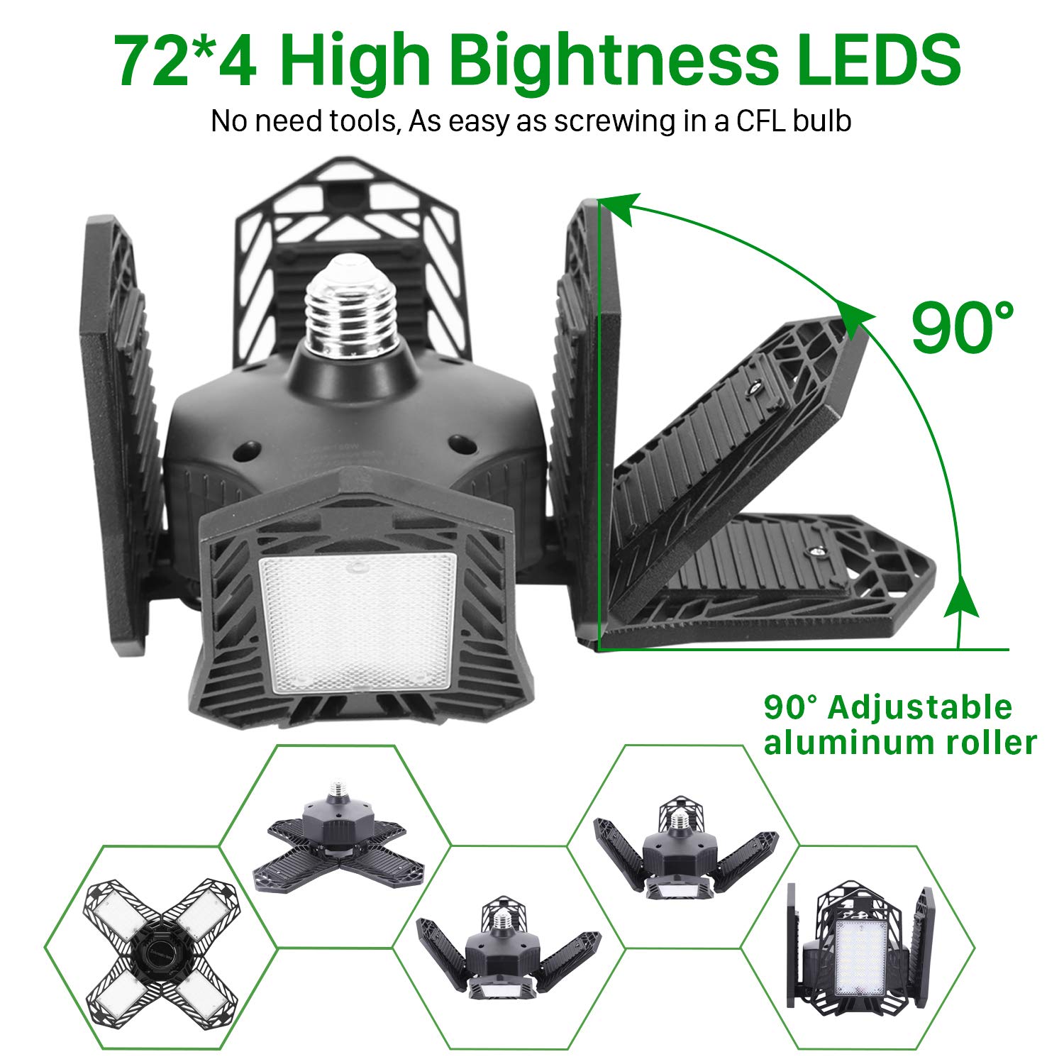 GRESATEK 150W LED Garage Light, New 15000Lumen 4 Leaf Deformable Garage Lights, Quadruple Glow LED Garage Light, E26/E27 Base, CRI 80, 6000K Retractable Garage Light for Garage, Working Light, Black