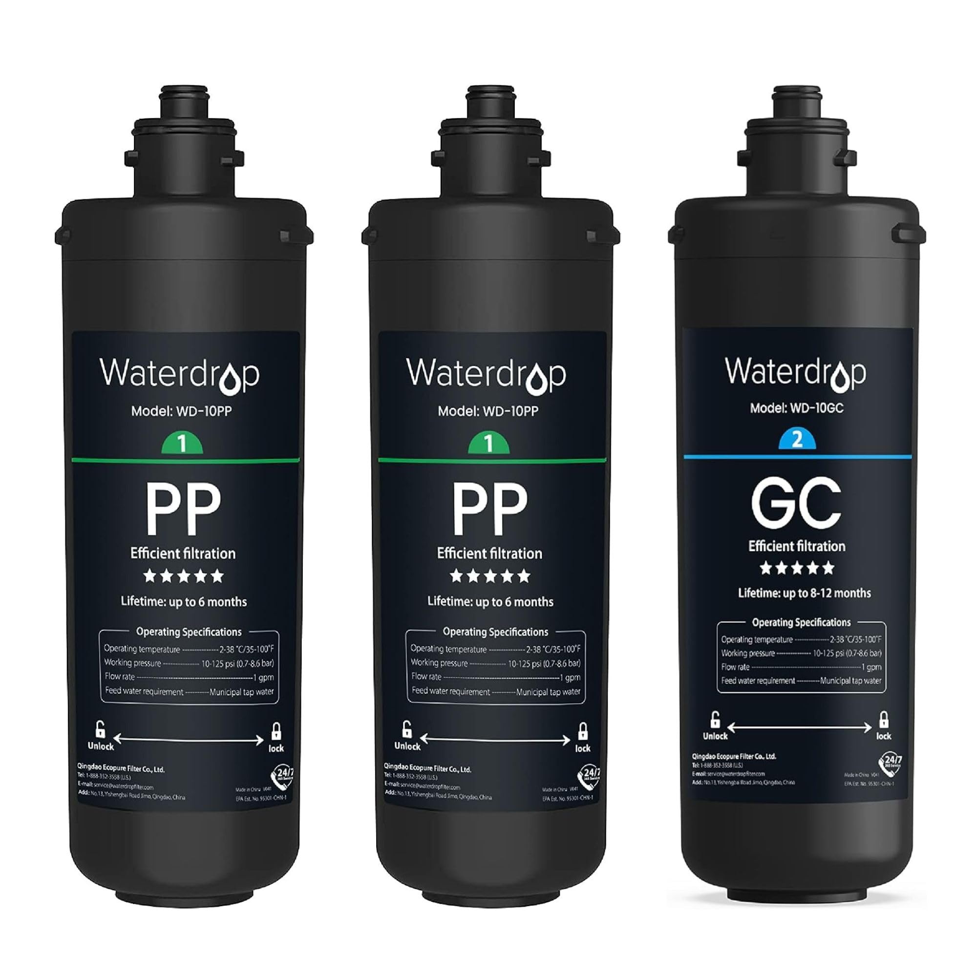 Waterdrop TSA 3-Stage Replacement Water Filter, Replacement for Waterdrop TSA & TSB & TSB-CM 3-stage Under Sink Water Filtration System, 2PP+GC
