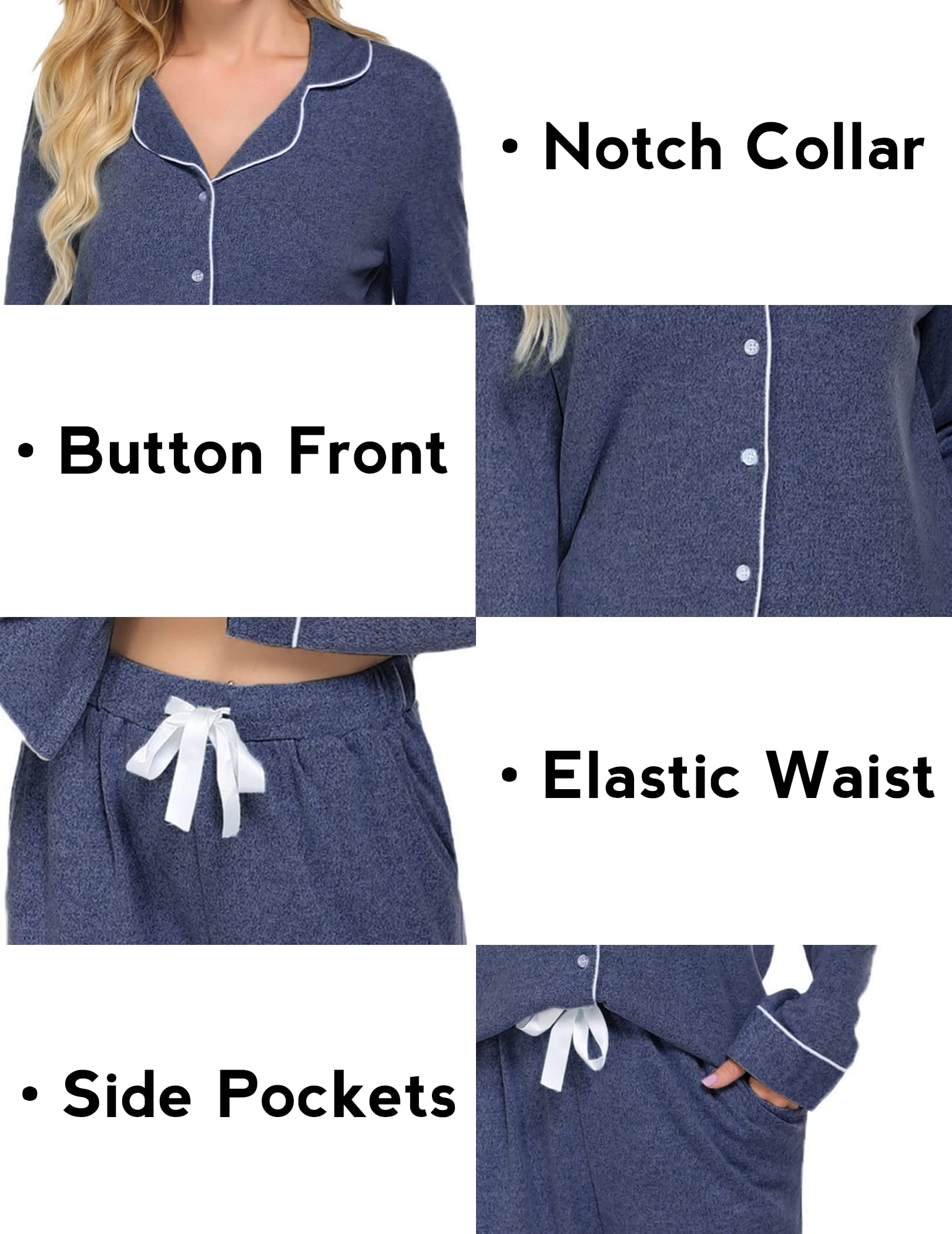 EkouaerWomen's Winter Warm Long Sleeve Sleepwear Soft Loungewear Nightwear 2 Piece Sleep Set (Dark Blue,S)