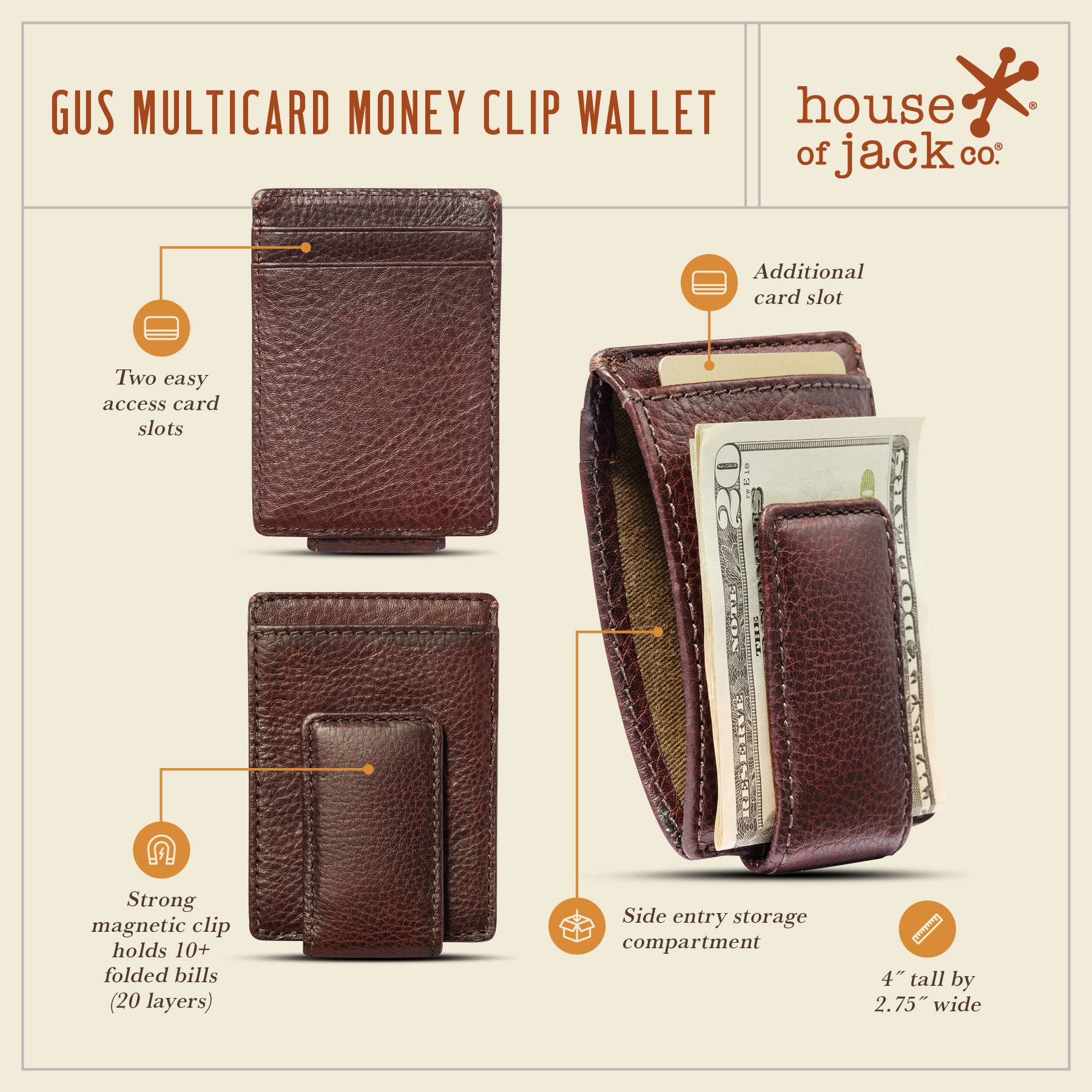 HoJ Co. GUS Money Clip Wallet | Side Storage Card Case | Strong Magnetic Clip | Minimalist Card Wallet with Money Clip | Slim Front Pocket Wallet