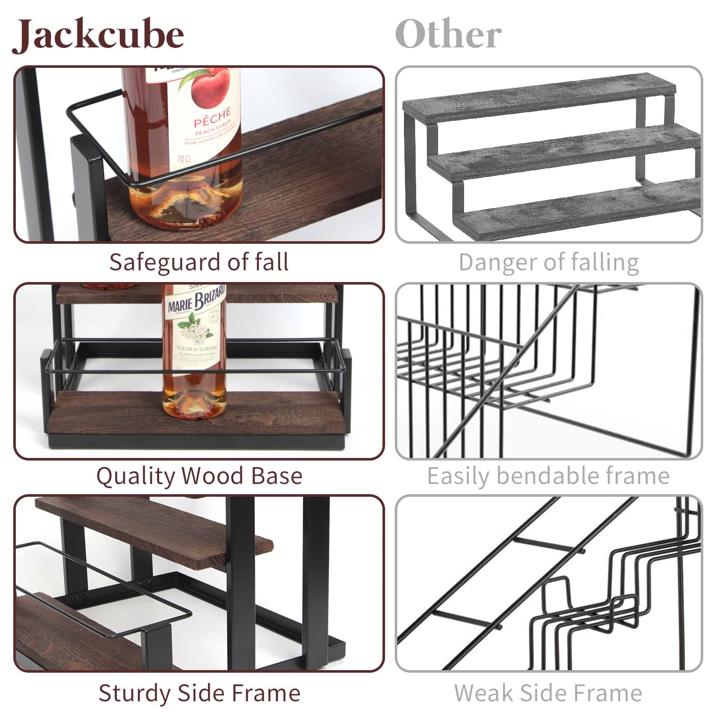 J JACKCUBE DESIGN Coffee Syrup Organizer Rack, Rustic Wood and Metal Wire, 3-Tier 12 Bottles Compartment Display Holder Coffee Station Bar Accessory for Syrup, Wine, Dressing(Black) - MK815A