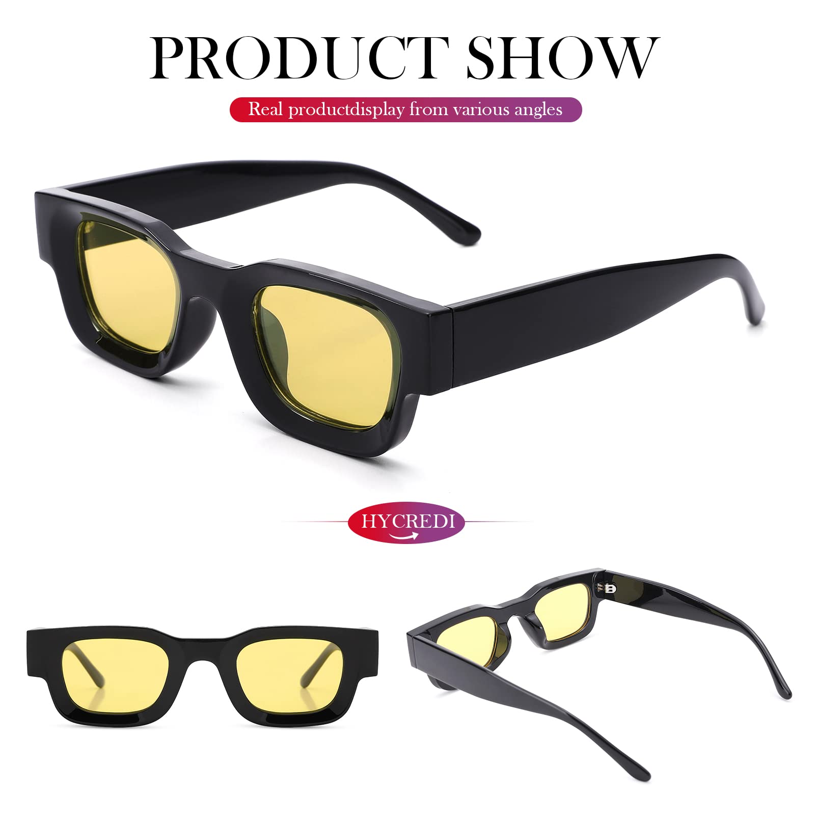 Hycredi Thick Rectangle Sunglasses for Women Men Chunky Square Polarized Sun Glasses Retro 90s Shades UV400 Protection-Black/Grey+Black/Yellow