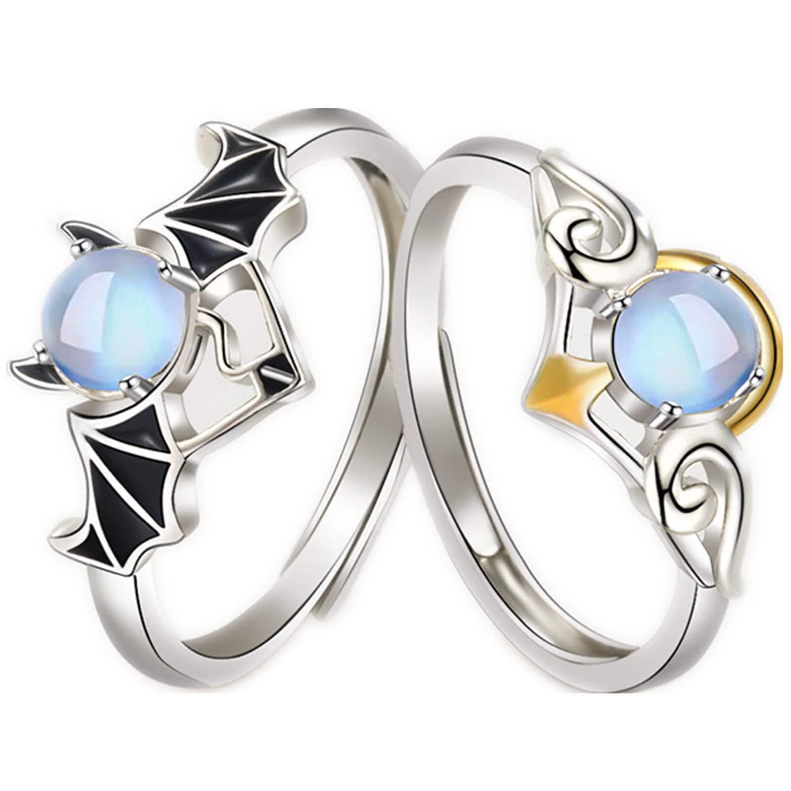 HEIMAXING Angel Devil Moonstone Couple Rings Matching Rings Open Adjustable Promise Rings Gift for Her Him (Silver)