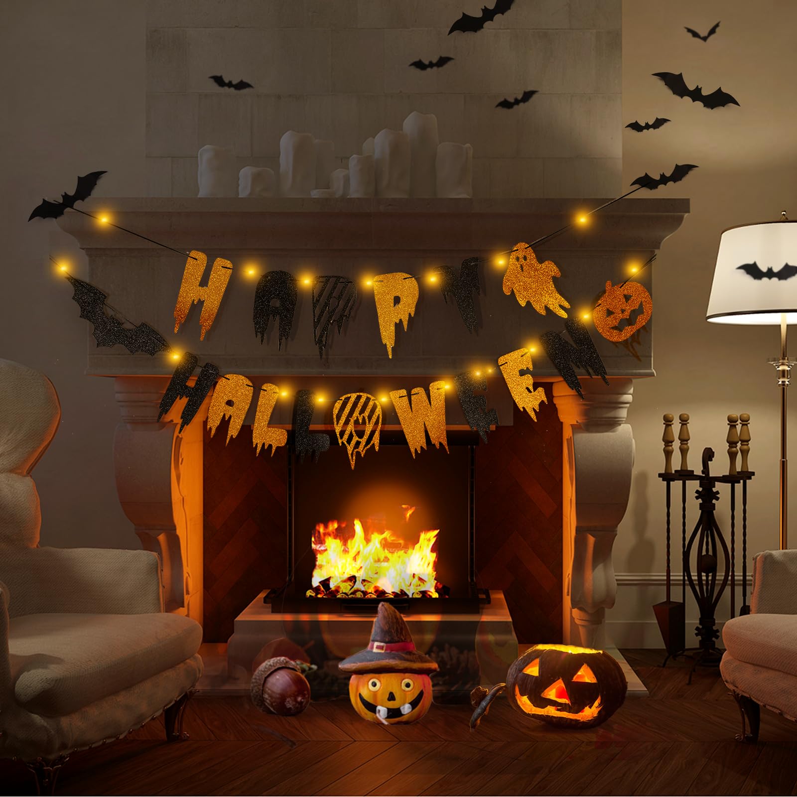 GIZIUXNE Happy Halloween Banner Set with LED Light Strip and 3D Bats Wall Decor for Halloween Party Decorations Indoor or Outdoor