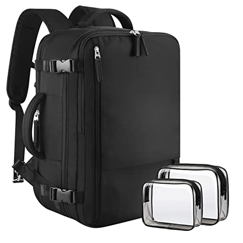 Sinaliy Large Travel Backpacks (Beige+Black), 40L Carry On Backpack, 17 Inch Laptop Backpack, Waterproof Backpack, College Bookbag, Laptop Backpack, Backpack for Women, as Person Item Flight Approved