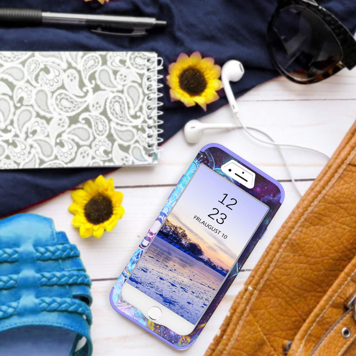 GUAGUA iPhone SE 2022/2020 Case iPhone 8 Case iPhone 7 Case Mandala Flowers Stars Space Nebula Hybrid 3 in 1 Hard PC Soft TPU Cover Bumper Shockproof Case for iPhone 8/7/, SE 3rd/2nd, Purple