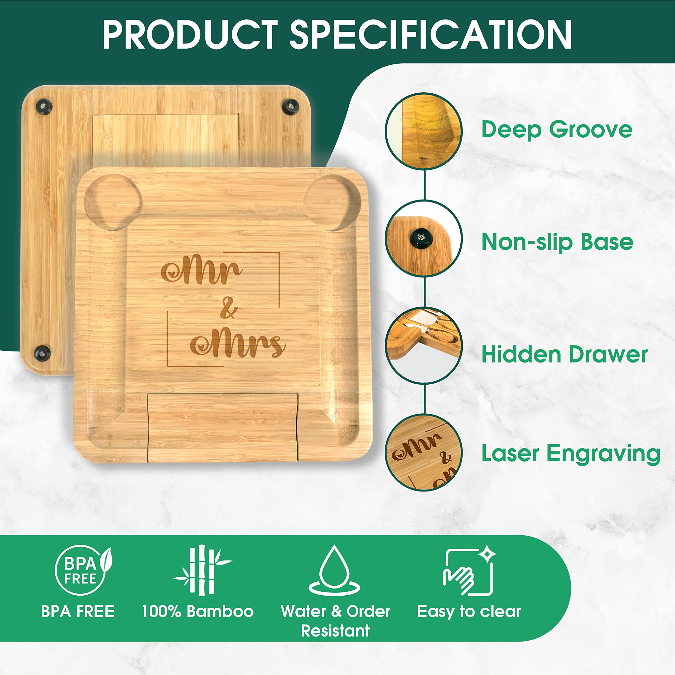 KITCHENVOY Mr. & Mrs. Bamboo Charcuterie Board Engaged Gift Set - Cheese Serving Tray Charcuterie Boards Platter Engagement Gifts for Newlywed Couples - Cheese Board Christmas Just Married Present