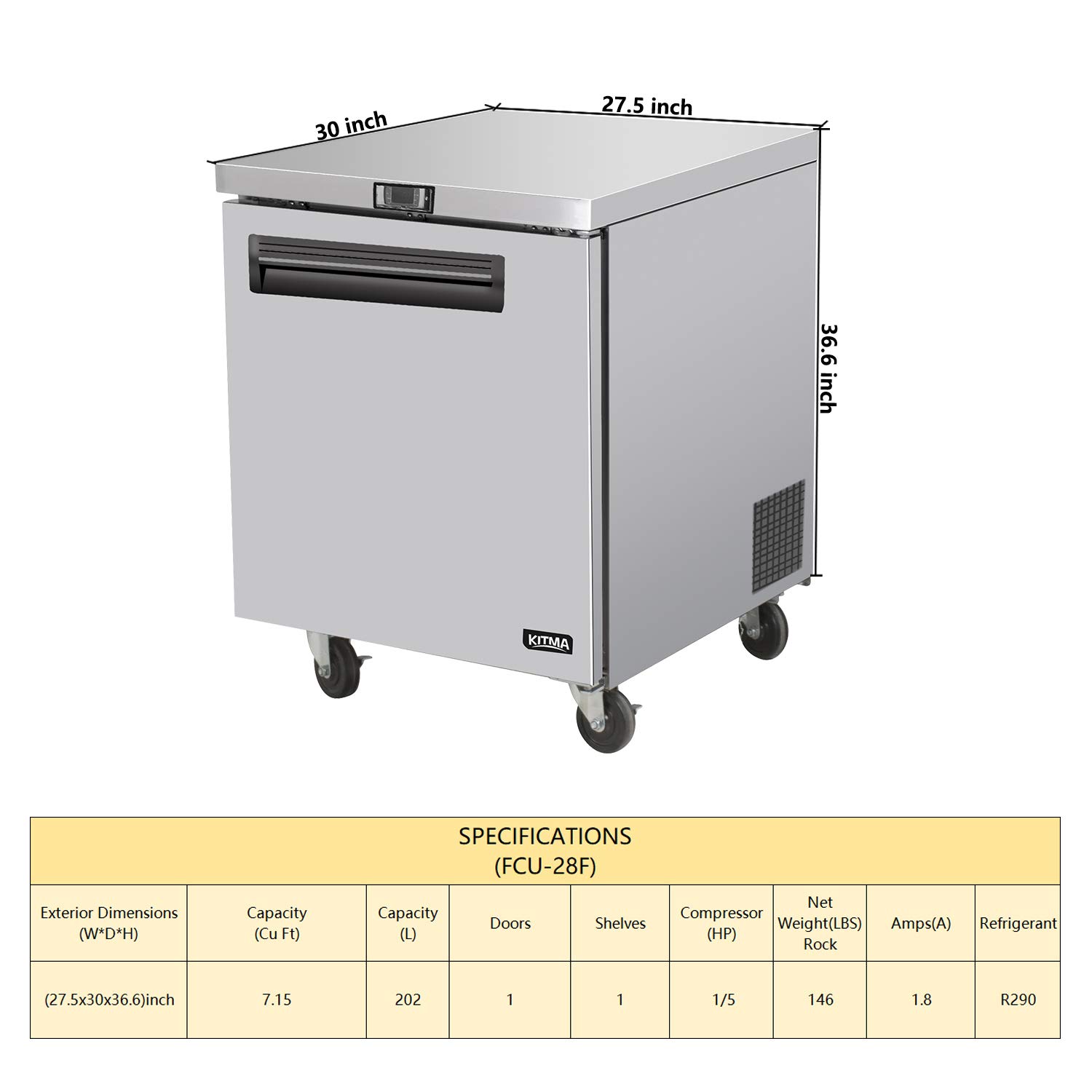 KITMA Commercial Single Door Undercounter Freezer 7 Cu. Ft Stainless Steel Worktop Freezer for Kitchen, 0°F - 8°F