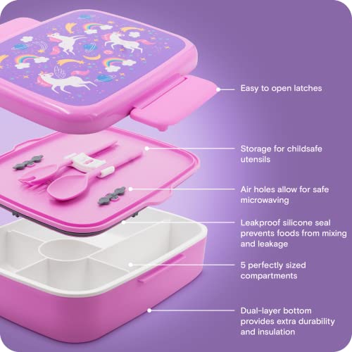 RUVALINO Bento Lunch Box for Kids, 5-Compartment Bento-Style Kids Lunch Box with Utensils, Leak-Proof, Dishwasher Safe, Pre-School Kid Daycare Lunches Snack Container for Ages 5 and up, Unicorn