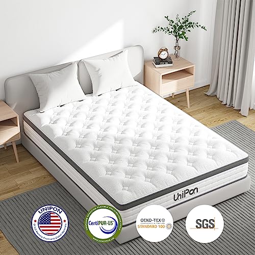 UniPon 12 Inch Hybrid Mattress Queen, Spring Mattress with Gel Memory Foam, Medium Firm Mattress, Supportive Individually Pocket Spring Mattress, Bed in a Box, Pressure Relief