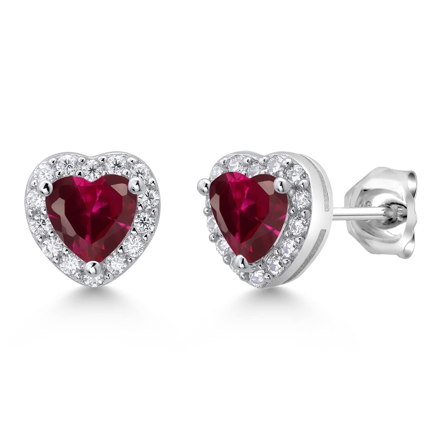 Gem Stone King 925 Sterling Silver Red Created Ruby and Moissanite Stud Earrings For Women (1.42 Cttw, Gemstone Birthstone, Heart Shape 5MM)