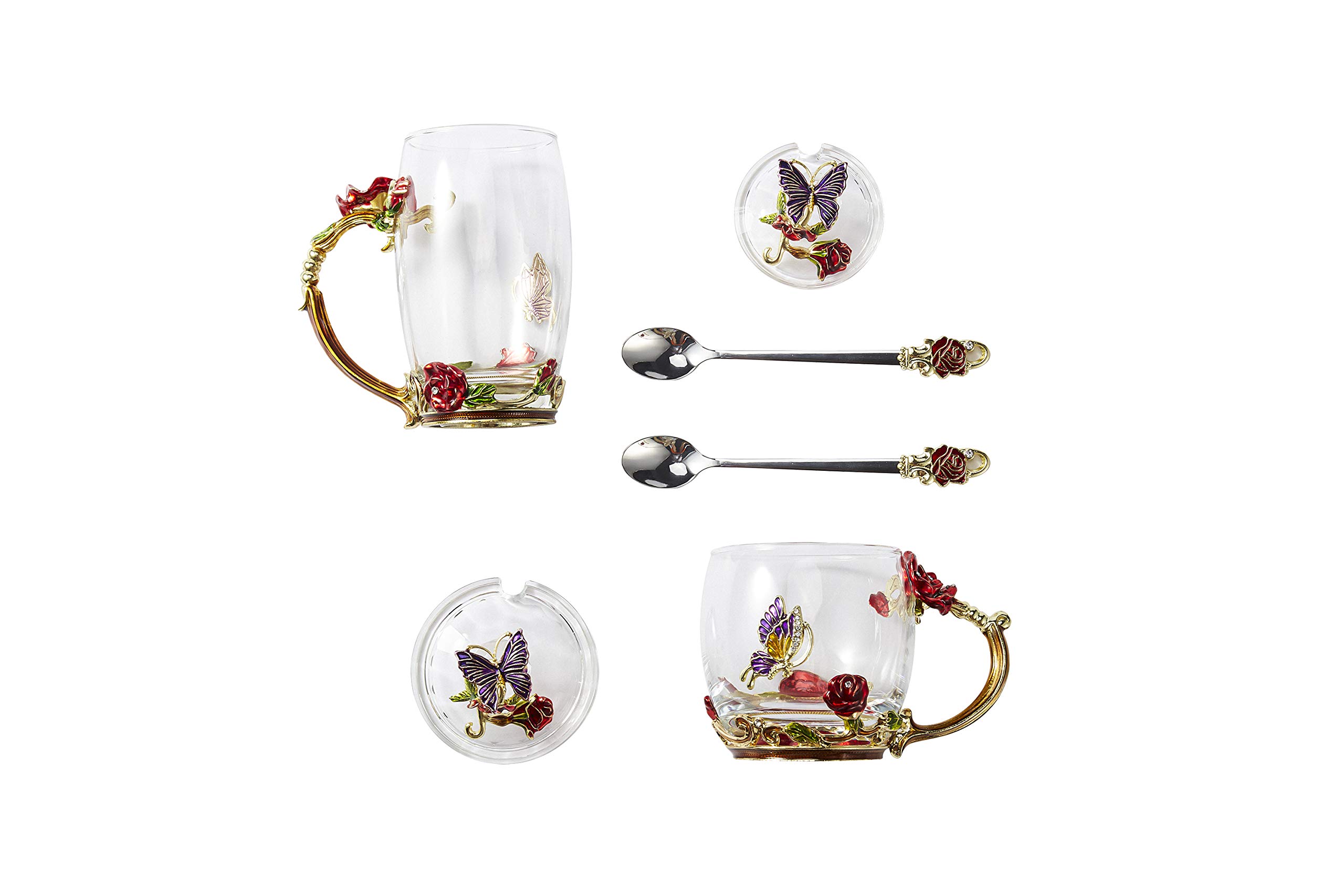 Guon-Wuvl Flower Teacup Transparent Glass Teacup, (With Spoon + Lid), Fancy Tea Cups, Flower Tea Cup,Tea Cup Gift, Gifts for Women,Mother's Day Present，Gift Box. (Rose Red Short Cup)