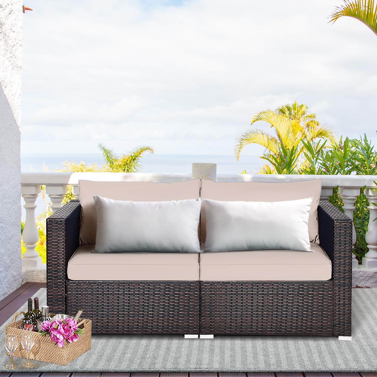 Tangkula 4 PCS Outdoor Wicker Corner Sofa Set, Patio Rattan Loveseat w/Removable Cushions, Sectional Sofa Set Additional Seats for Balcony Patio Garden Poolside (Brown)