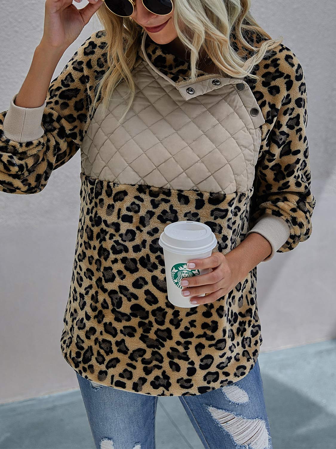 Glamaker Women's Leopard Print Long Sleeve Zipper Fuzzy Fleece Pullover Sweatshirt Oversized Sherpa Lapel Tops Outwear with Pockets Leopard-Khaki Large