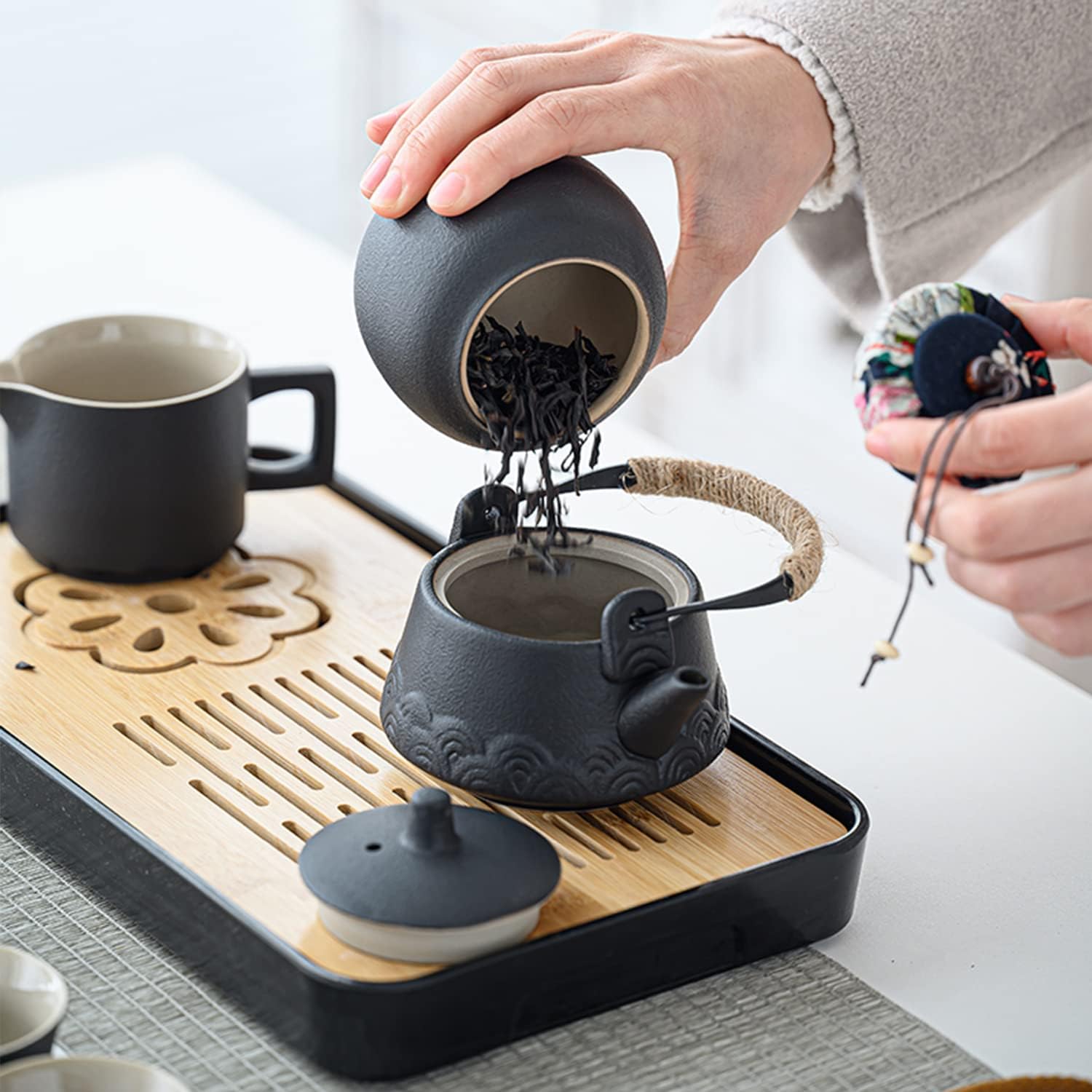ICHAG Asian tea set |Kungfu tea sets |Ceramic Portable tea set |tea sets for adult |13-piece withgrey leather case |Tea set gift for Home, Outdoor, Business (Ceramic-Black teaset)