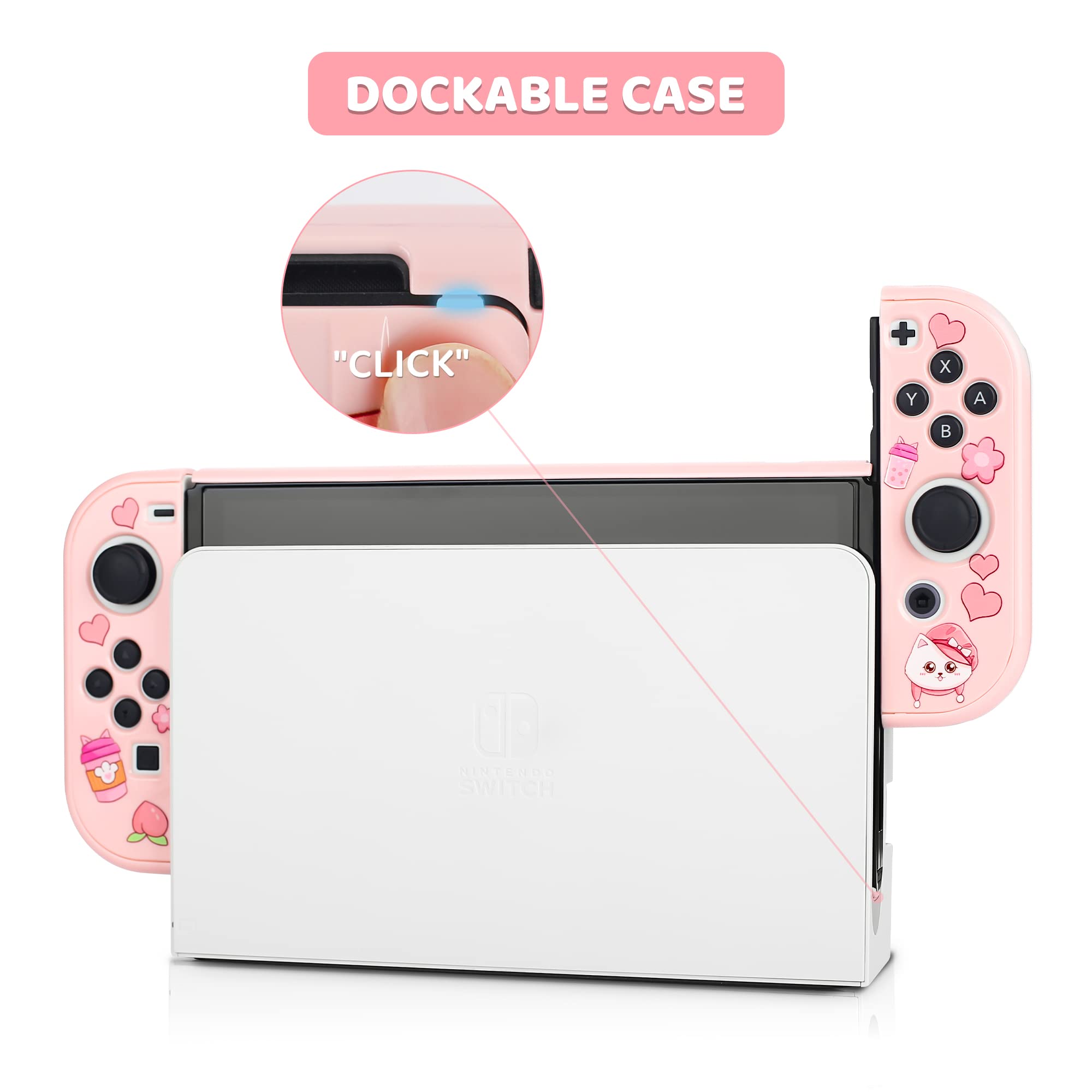 FANPL Cute Case Compatible with Nintendo Switch OLED 2021, Pink Cover with Milk Tea & Cat Pattern for Switch OLED, Hard PC Shell with Ergonomics Joycon Case, Dockable Protective Case for Girls