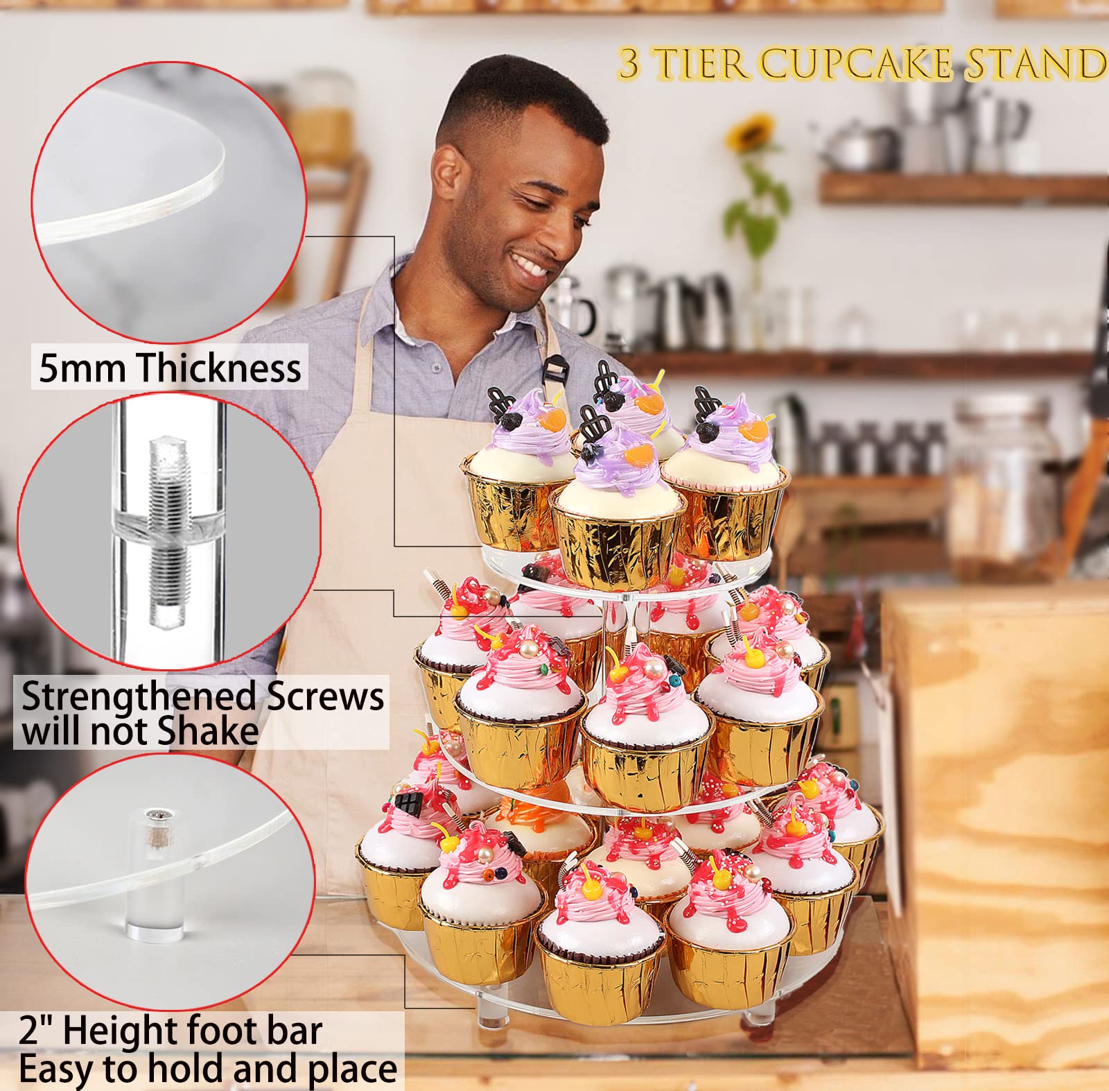 HAOWUJIN Cupcake Stand for 24 Cupcakes, Round Acrylic Cupcake Stand for Wedding Birthday Party Baby Shower Dessert Table for Parties Display, 3 Tier Clear Cupcake Tower Standā¦