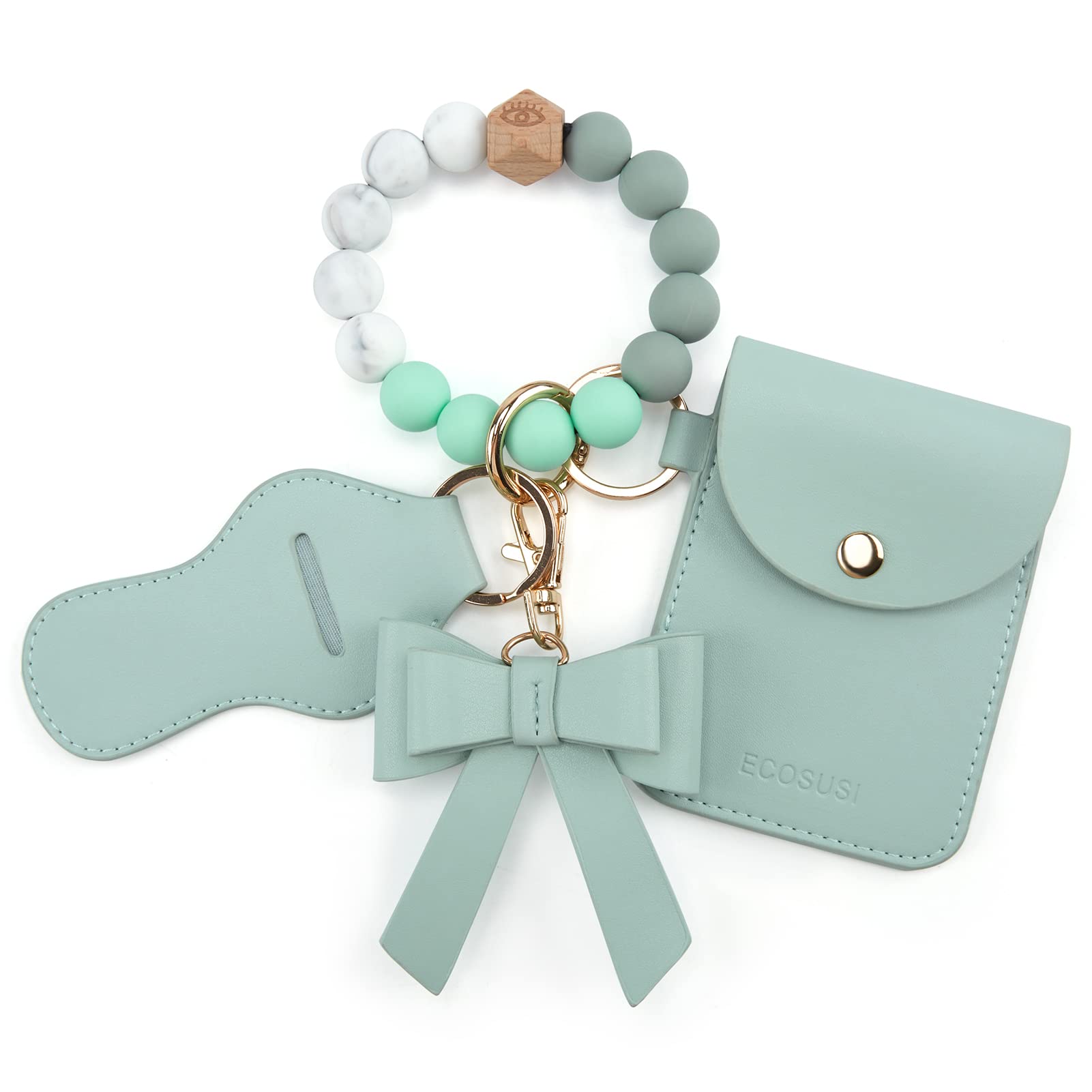 ECOSUSI Wristlet Keychain with Wallet Keychain Bracelet Silicone Beaded Key Ring Bangle with Chapstick Holder