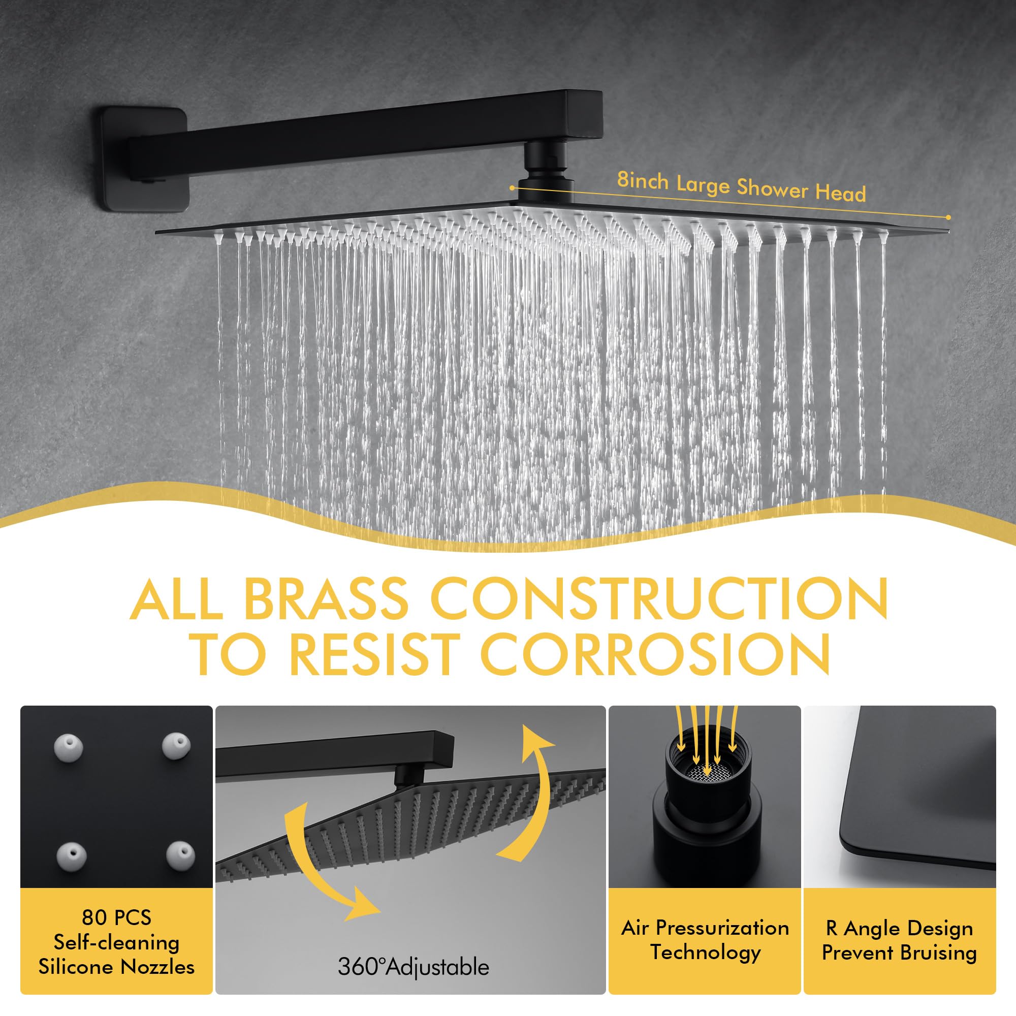 Fransiton 8 Inches Matte Black Shower System Rain Shower System Set Wall Mounted, Rainfall Shower Head with Handheld, Bathroom Shower Kit (Valve Included)