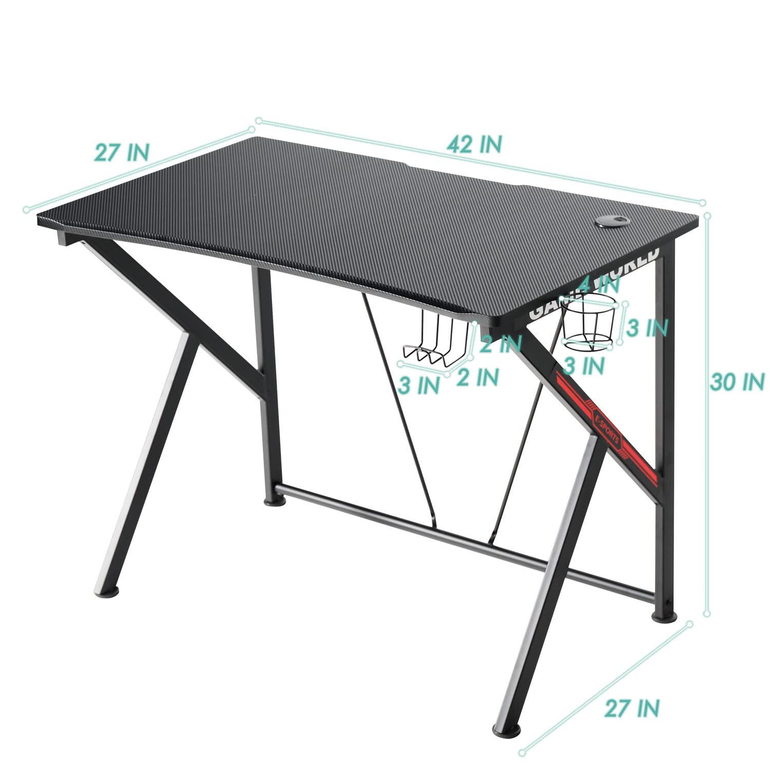 ENSTVER 42 Inch Black/Pink Home Office PC Computer Gaming Desk, K Shaped Gaming Workstation with PVC Surface for Gamer,Writing Desk Table with Cup Holder&Headphone Hook,Black