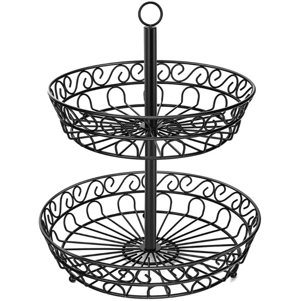 N/A 2 Tier Metal Fruit Plate Basket Detachable Countertop Vintage Hollow Out Black Tray Stand Holder
