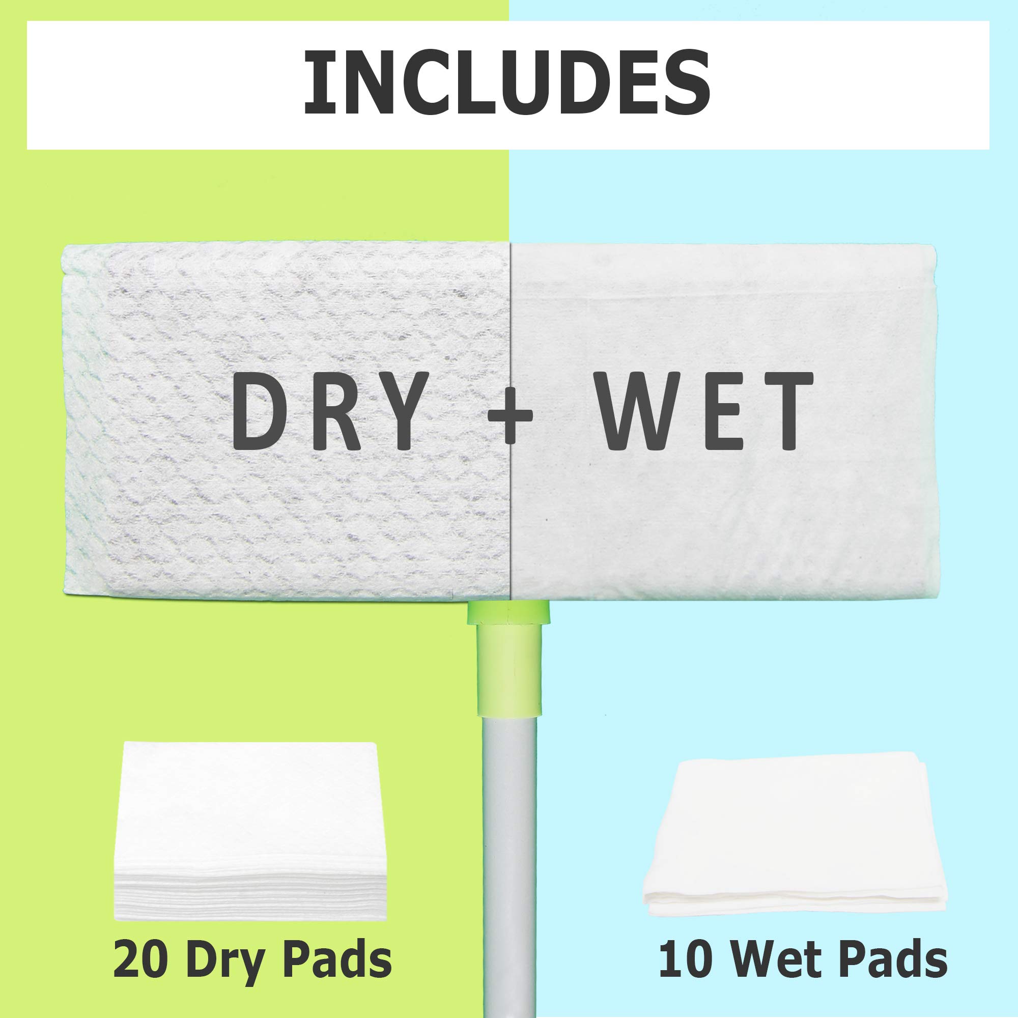 Guay Clean Flat Floor Mop Sweeper Cleaning Kit for Pads and Cloth with Telescopic Pole - Includes 10 Wet and 20 Dry Mop Pad Refills Disposable - Green