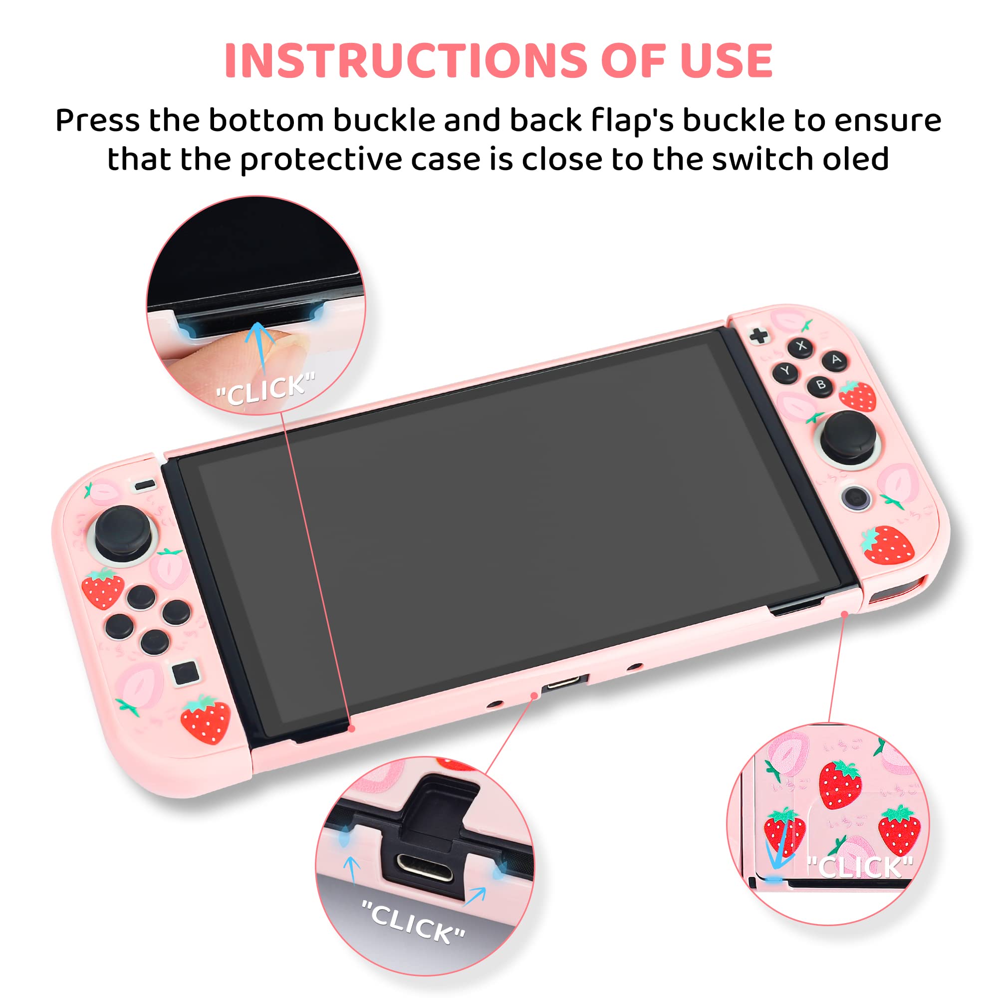 FANPL Pink Protective Case for Nintendo Switch OLED, Cute PC Case Cover Compatible with Switch OLED, Kawaii Skin Accessories for Girls with Thumb Caps and Screen Protector - Pink Strawberry Pattern