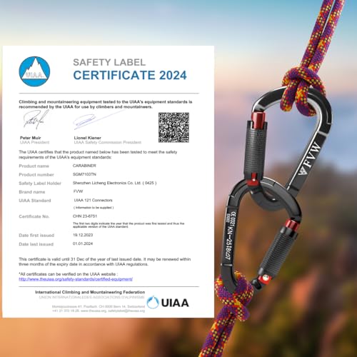 FVW 3 Pieces Heavy Duty Climbing Carabiners, 25KN UIAA Certified Auto Locking Rock Climbing Carabiners Clips for Hammocks, Swing, Locking Dog Leash and Harness, Camping, Hiking & Utility (Black)