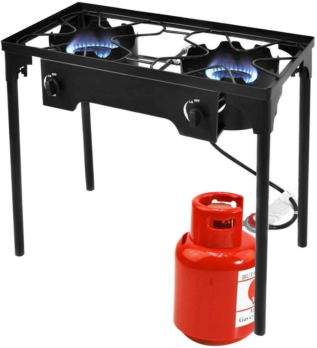 LUARANE Outdoor Stove High Pressure Double Burner Propane, Portable Gas 2 Burner Camp Stand Cooking Adjustable Detachable Legs, 20 PSI Regulator, Patio Camping Burner for Picnic, BBQ Grill (Black)