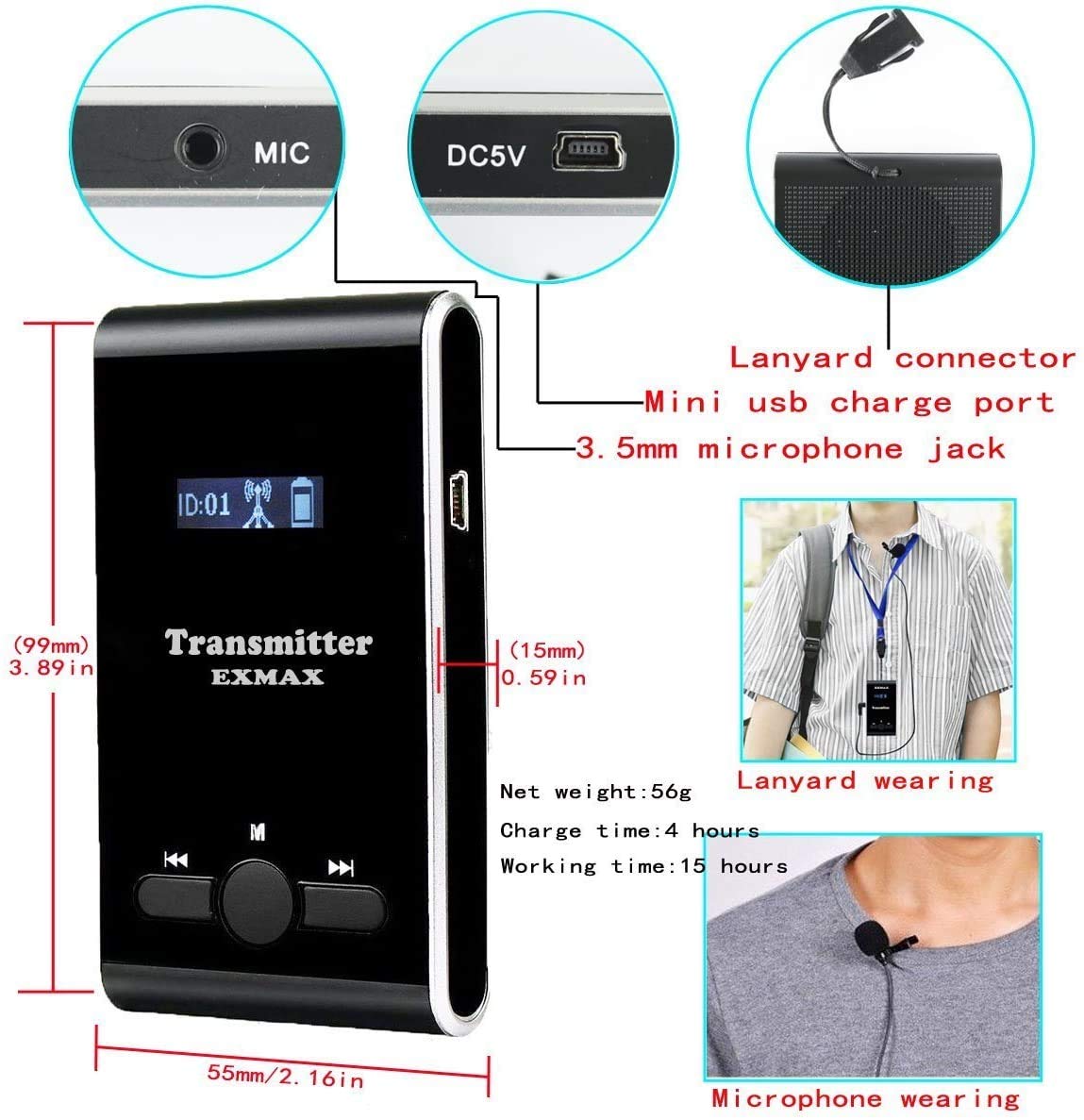 EXMAX® ATG-100T 195MHz Wireless Tour Guide Monitoring Voice Audio Transmission System+Aluminium Charging Case for Teaching Tour Guides Conference Church Museum(1 Transmitters and 30 Receivers)