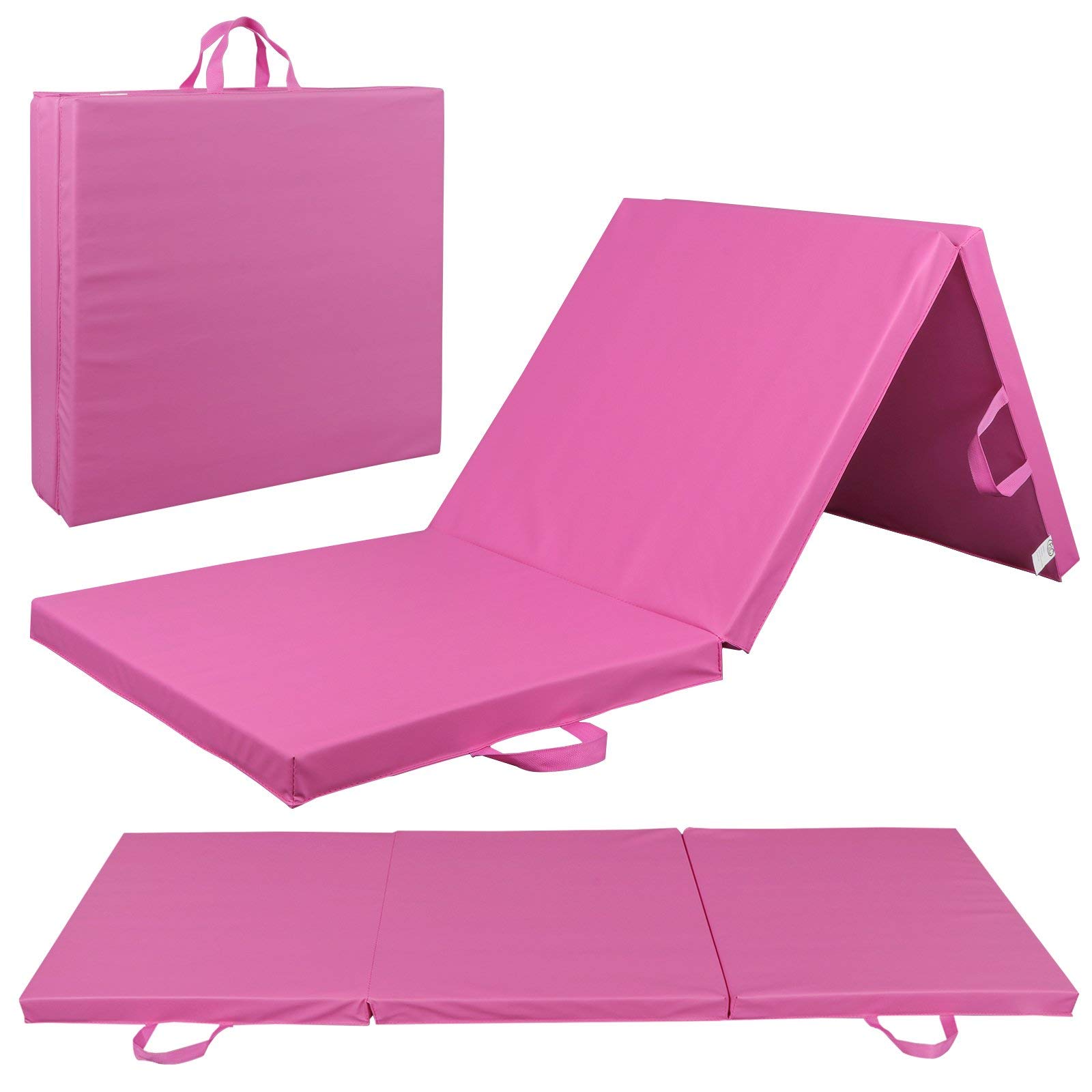 F2C 6’X2’X2” PVC Leather Home Gymnastics Gym Exercise Aerobics Yoga Mat Folding Tumbling Mat Comfort Foam W/Carrying Handles for Pilates, Stretching, MMA, Core Workouts (Pink)