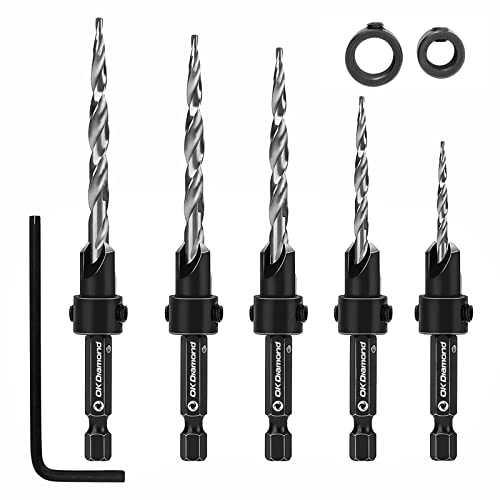 OKDIAMOND Wood Countersink Drill Bit Set Tapered Drill Bits with 1/4" Hex Shank Quick Change Twist Drill for Woodworking 5 Piece (#4, 6, 8, 10, 12) (5 Piece)