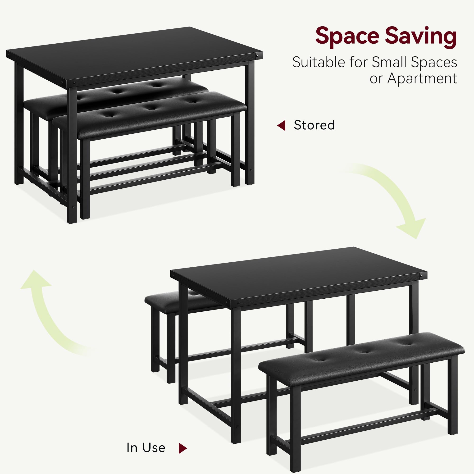 Fancihabor Dining Table Set for 4, Kitchen Table with Benches, Rectangular Dining Room Table Set with Upholstered Benches, 3 Piece Kitchen Table Set for Small Space, Apartment, Rustic Grey