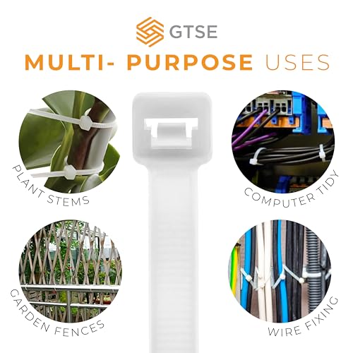 GTSE 12 Inch White/Clear Zip Ties, 100 Pack, 40lb Strength, UV Resistant Long Nylon Cable Ties, Self-Locking 12" Tie Wraps