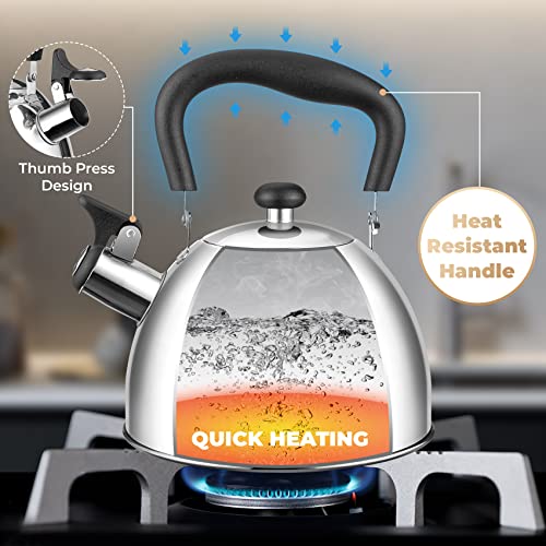 Tea Kettle for Stove Top - HIHUOS 2.2QT Whistling Teapot for Stovetop with Universal Base - Food Grade Stainless Steel Tea Pots for Stove Top - Mirror Sleek Teakettle with Cool Grip Bakelite Handle
