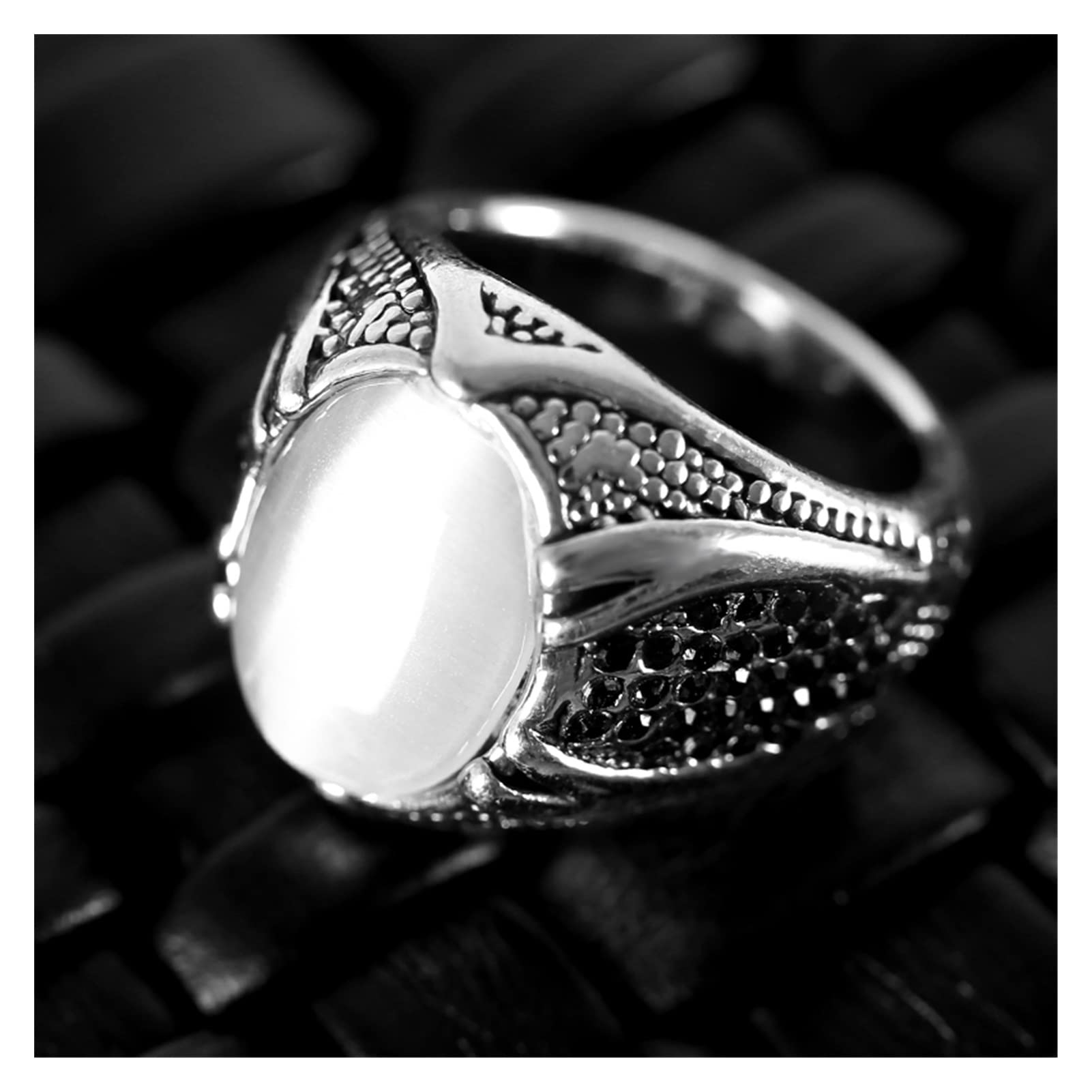 HOYEDNK Antique Ring Men's Ring White Agate Stone with Black Rings Jewelry Gift (Main Stone Color : Silver, Ring Size : 10)