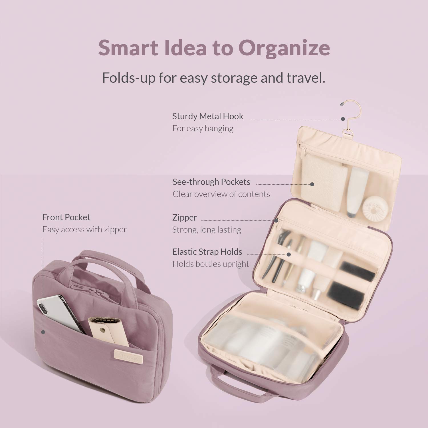 ELECOM Travel Toiletry Bag with Hanging Hook for Women and Men Water-repellent See-through Zippered Pockets Folds-up Makeup Organizer (BMA-OF04PU)