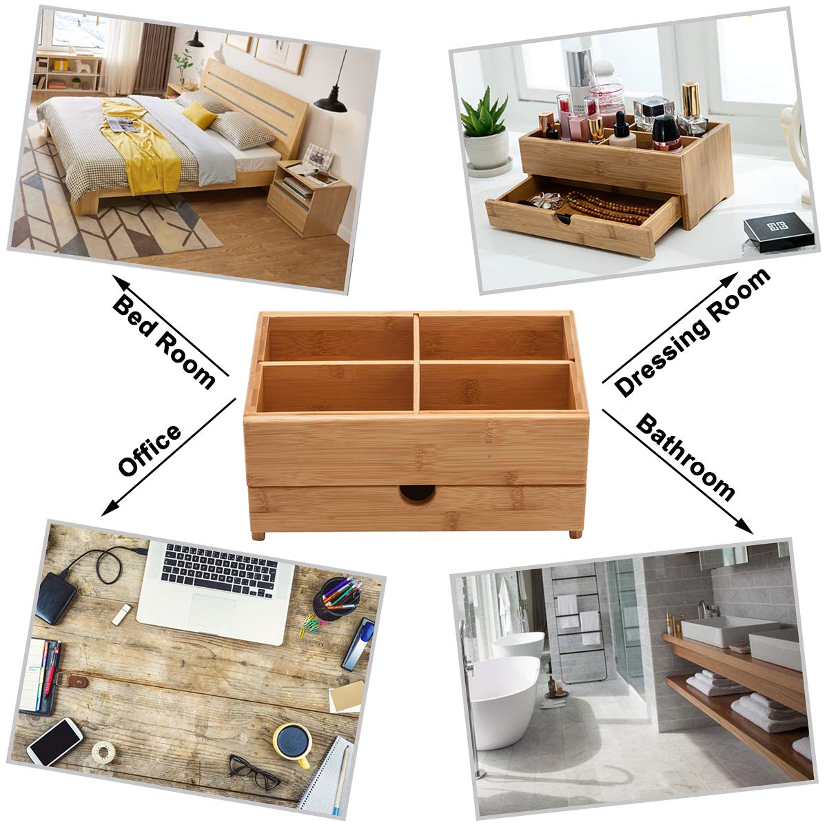 GOBAM Bamboo Makeup Organizers and Storage with Drawer - Wooden Cosmetic Organizer Countertop for Bathroom, Bedroom, Closet, Kitchen, Vanity & Dresser - Make up Vanity Station