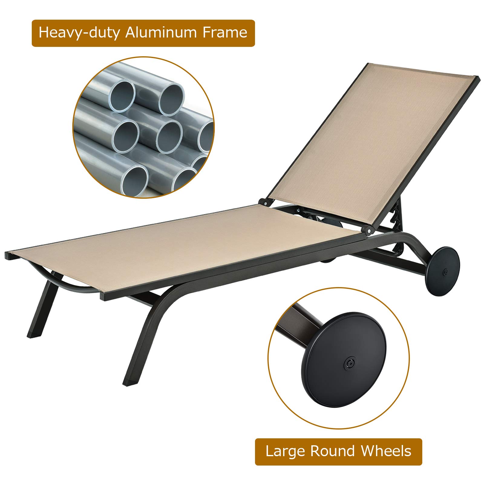 Tangkula Outdoor Aluminum Chaise Lounge, Patio Lounge Recliner Chair w/6 Adjustable Backrest, Reclining Chaise Chair with Wheels for Beach, Yard, Balcony, Poolside (2, Brown)