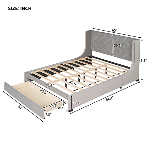 TARTOP Queen Size Bed Frame with Storage Drawers, Queen Velvet Upholstered Platform Bed with Wingback Headboard/Strong Wooden Slats/Easy Assembly,Gray