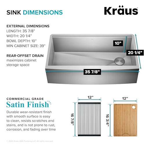 KRAUS Kore Workstation 36-inch Farmhouse Flat Apron Front 16 Gauge Single Bowl Stainless Steel Kitchen Sink with Integrated Ledge and Accessories (Pack of 5), KWF410-36