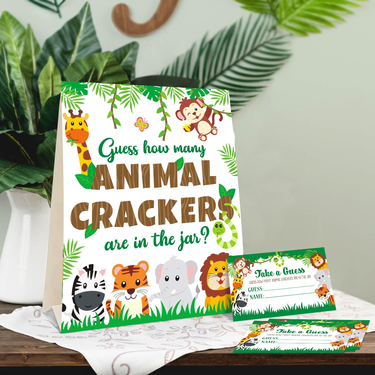 Guess How Many Animal Crackers Jungle Safari Baby Shower Game with Standing Sign and 30 Cards