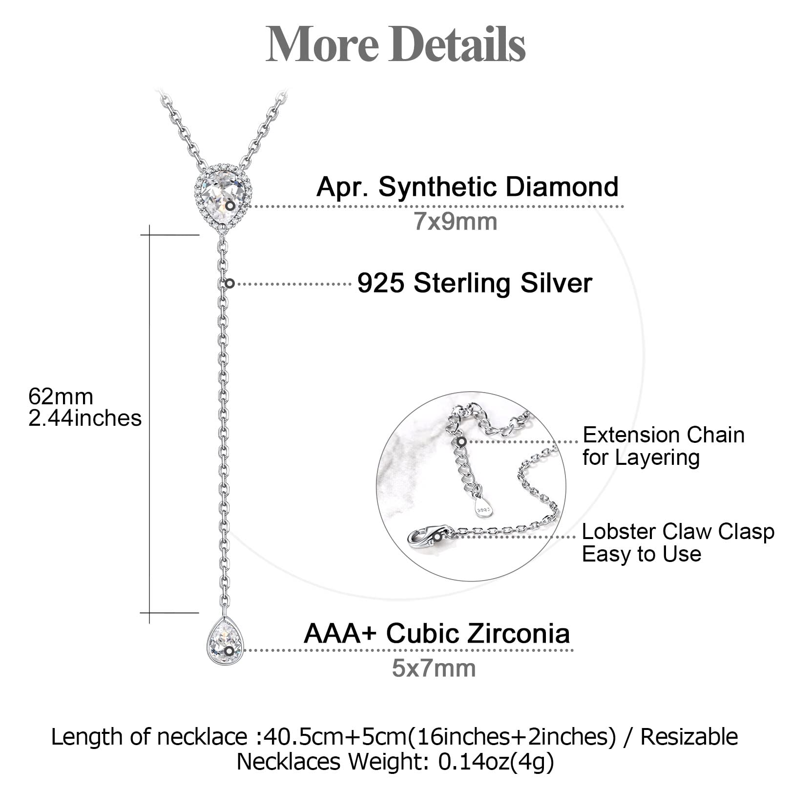 FOCALOOK 925 Sterling Silver CZ Teardrop Lariat Necklace 16"-18" Y Drop Adjustable April Birthstone Synthetic Diamond Necklaces for Women