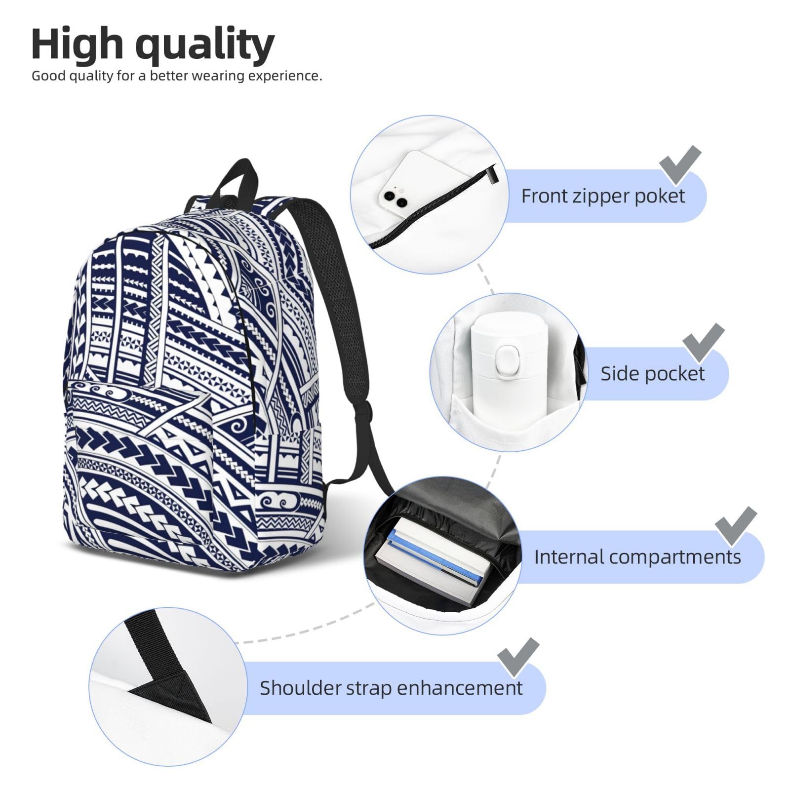 FRESQA Blue Polynesian Maori Tribal Pattern Versatile Mini Backpack:Lightweight Leisure Dual Shoulder,Simple Canvas,And Spacious Design