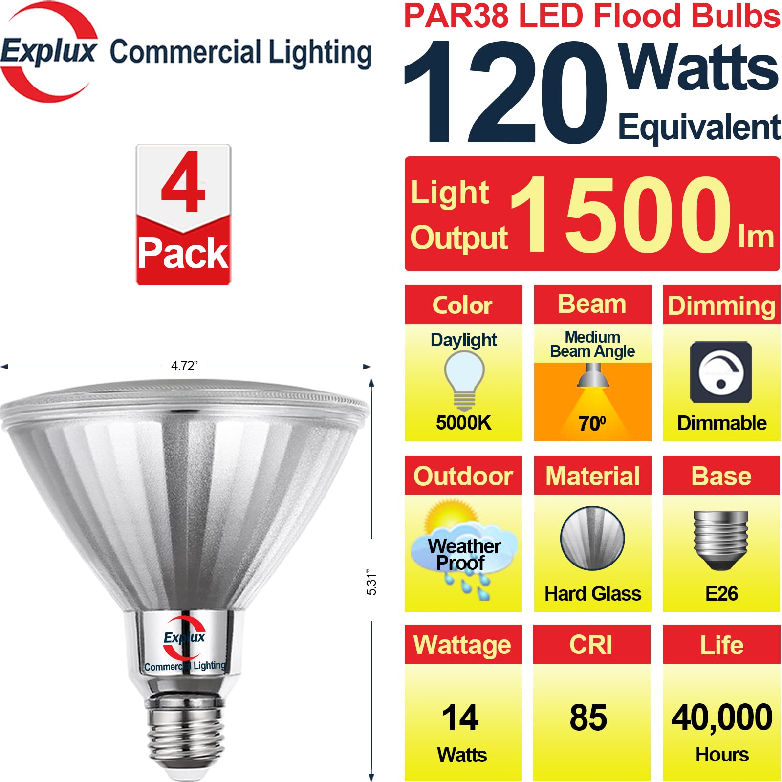 Explux Commercial-grade LED PAR38, 120W Equivalent, 1500 Lumens, 40000 Hours, Classic Full Glass Flood Light Bulbs, Dimmable, Waterproof & Anti-Ageing, Daylight 5000K Spotlight, 4-Pack